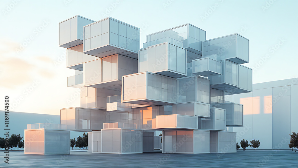 Modern modular construction design featuring stacked transparent cubes ...