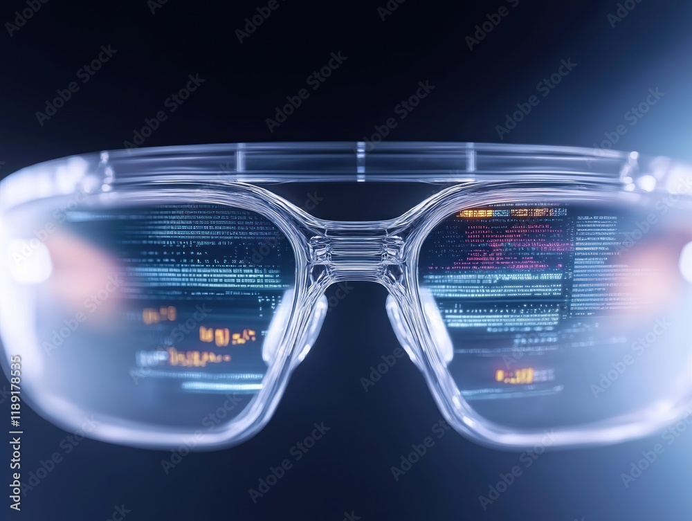 Futuristic smart glasses display data on lenses. Transparent eyewear shows digital code ...