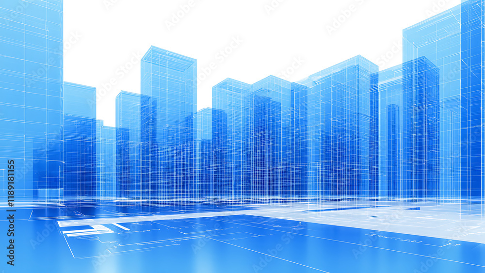 Architectural blueprint of modern city skyline with blue tones ...