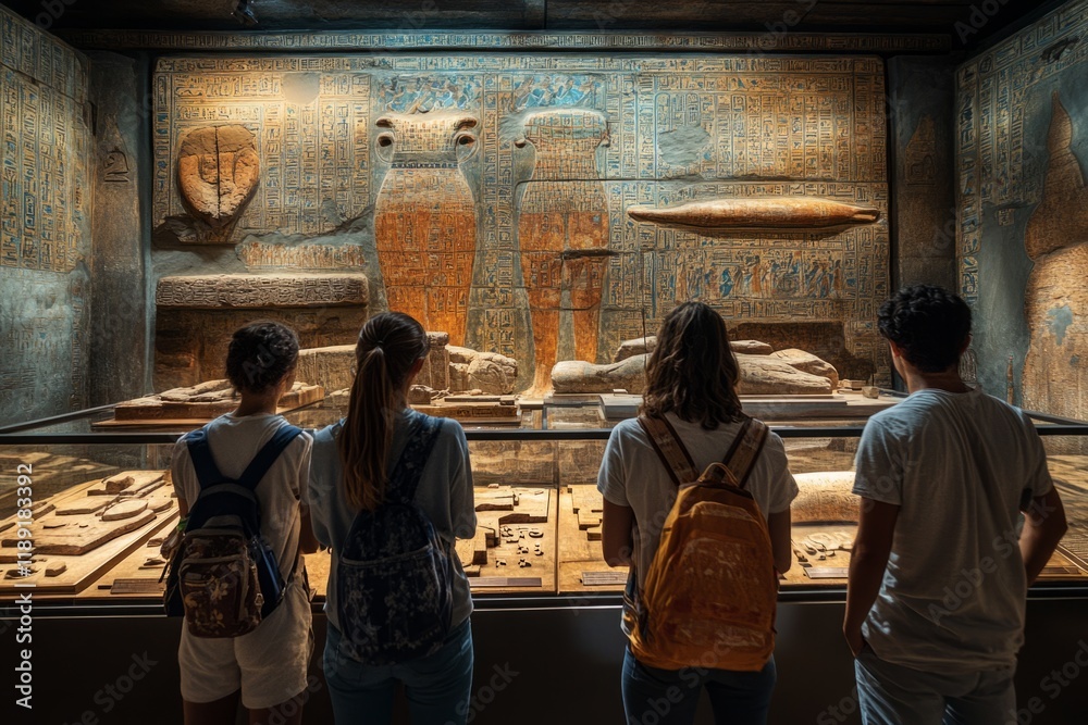 Group of young students exploring ancient egyptian relics and ...
