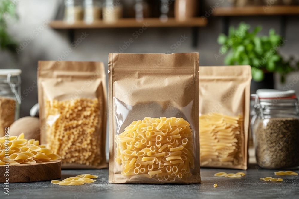 Various pasta shapes inside sustainable paper packaging with ...