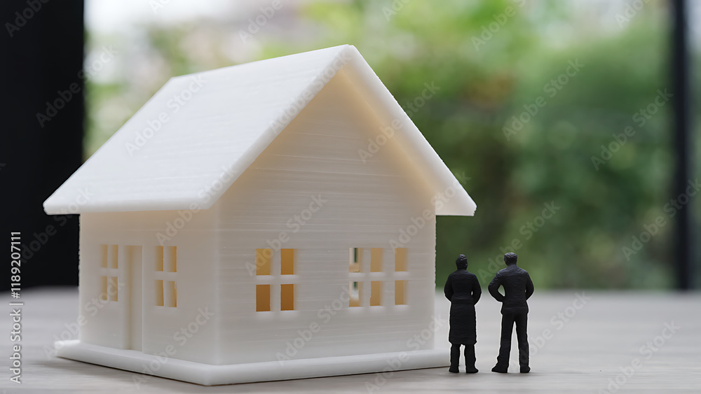 3D printed house model with two figures observing it, showcasing ...