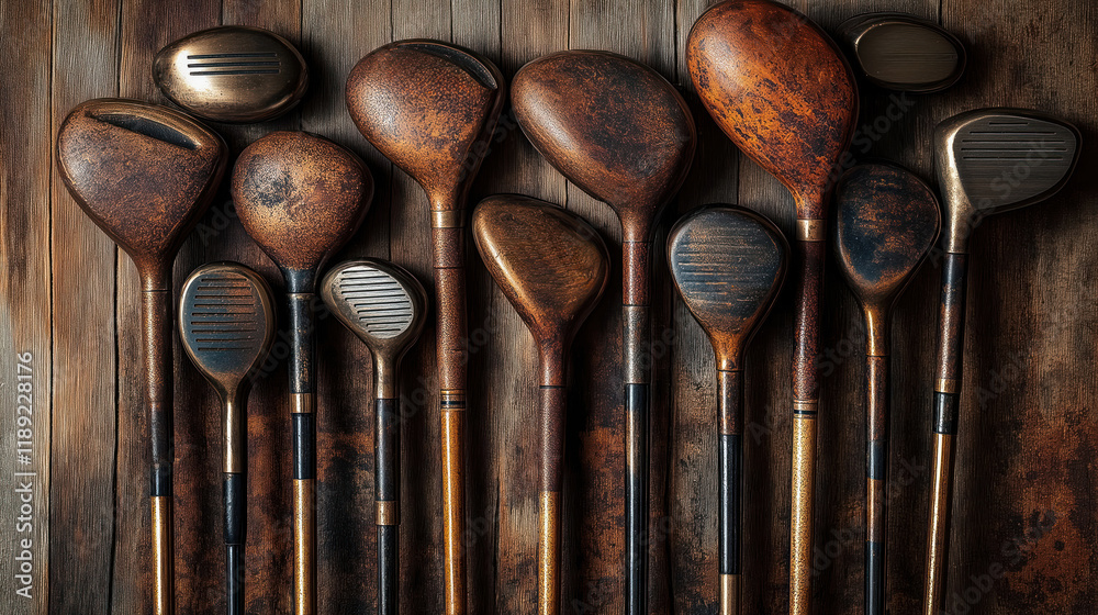 Vintage golf clubs arranged on wooden surface display history of sport ...