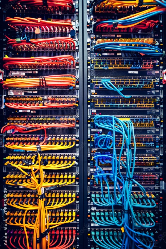 Network rack wiring diagram in blueprint style technology lab ...