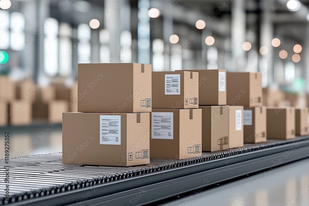 Cardboard boxes are lined up on a conveyor belt inside a busy ...