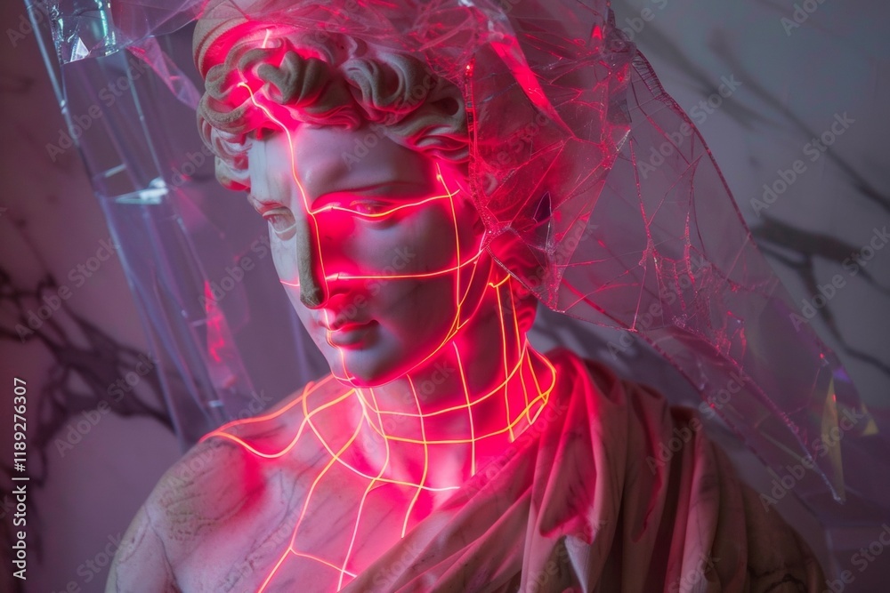 Shattered marble bust with glowing circuitry art installation ...