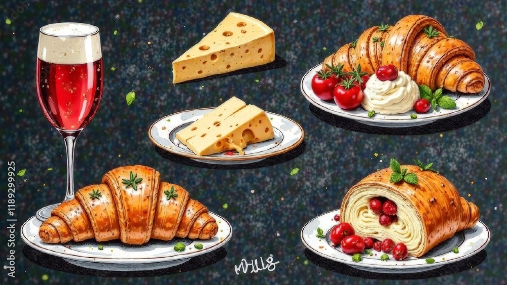 Sketch style breakfast, lunch icons. Wine glass, croissant, cheese and ...