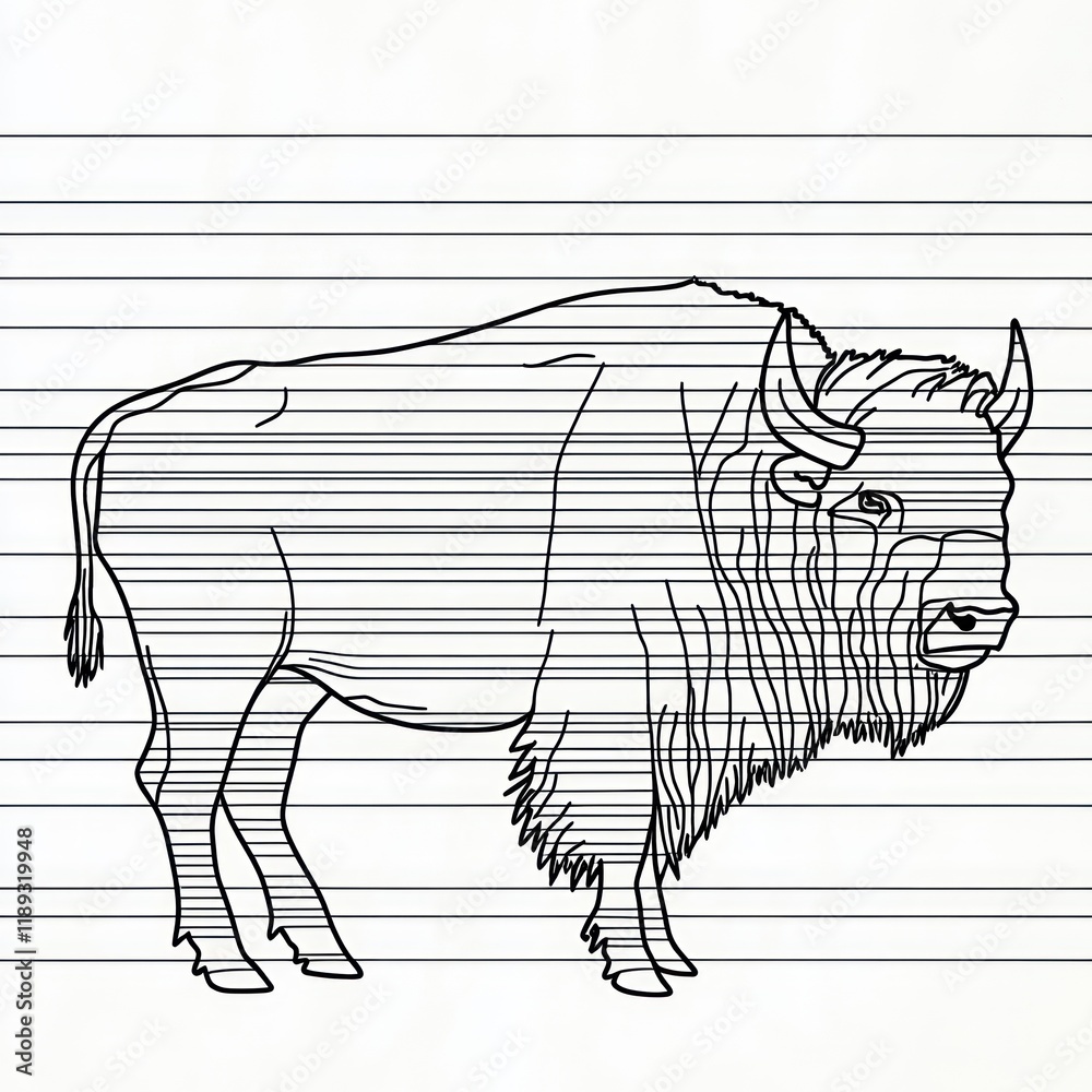 Bison line drawing, notebook paper background, coloring page Stock ...