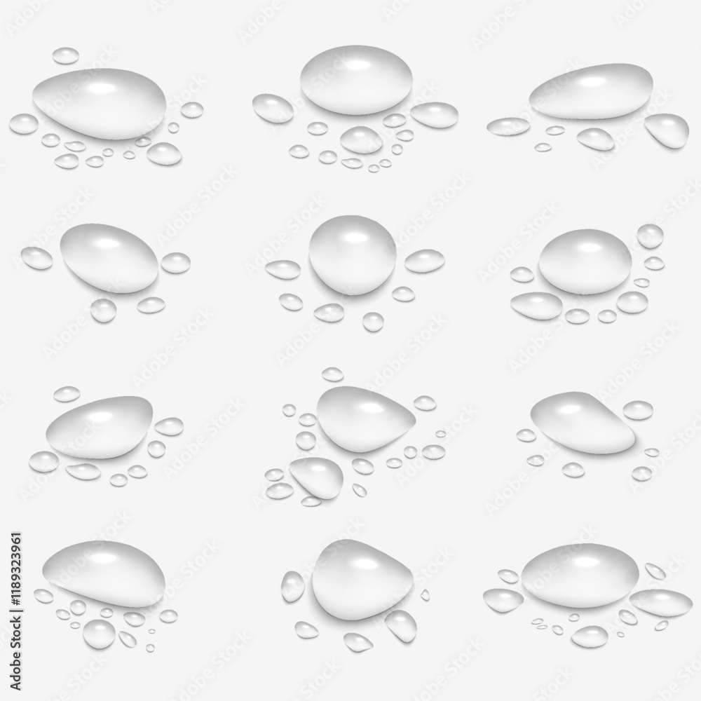 Rain Water Drops on Glass: Realistic 3D Vector Illustration of Smooth ...
