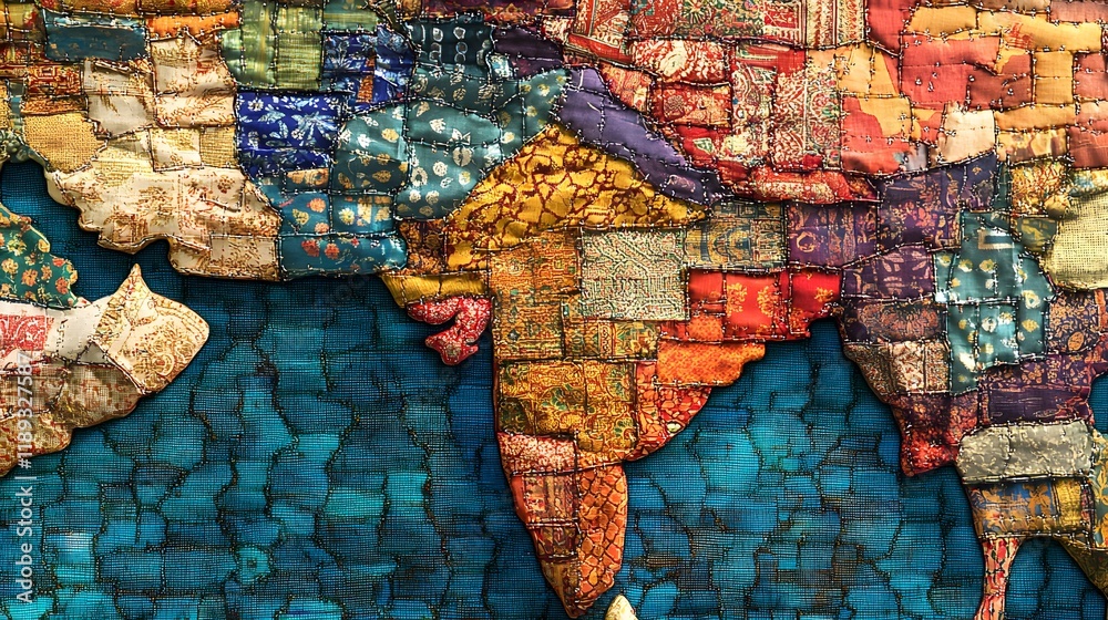 Fabric map of Asia, textile art, global travel, textured background ...
