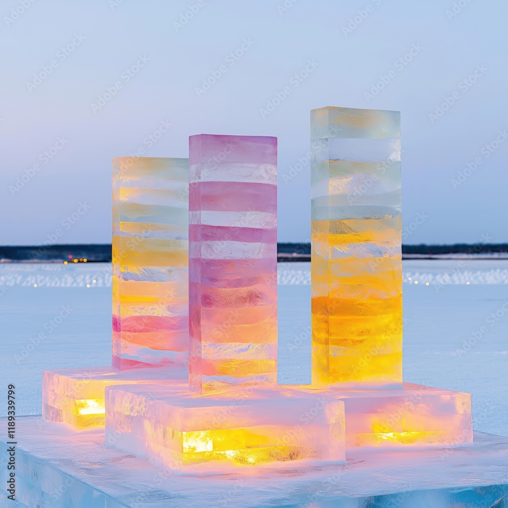Colorful ice sculptures lit from within stand on platform. Striped ...