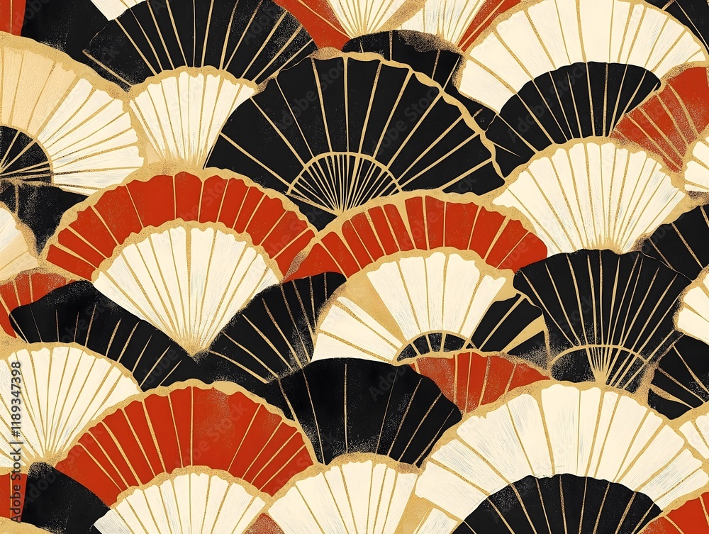 1920s Gatsby-inspired pattern with overlapping fan shapes, black and ...
