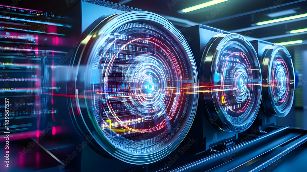 Data center server room, powerful hardware, digital processing ...