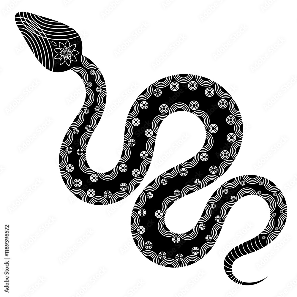 black and white silhouette of snake with decorative ornament of circles ...