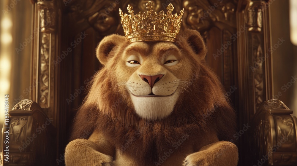 Regal Lion Monarch Donning a Golden Crown, Poised on a Rustic Throne ...