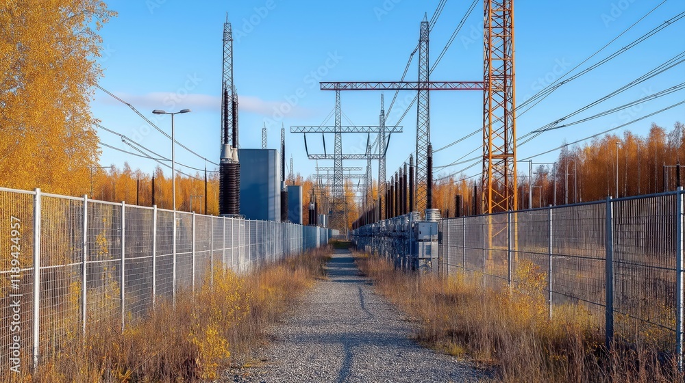 Industrial substation shows metal structures, safety fences around ...