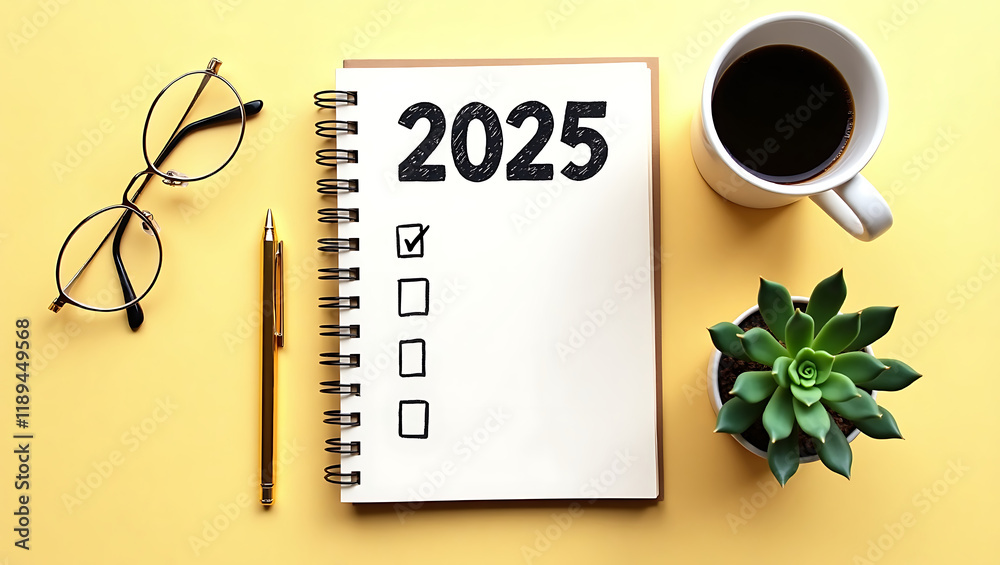 New year resolutions 2025 on desk. 2025 resolutions list with notebook ...