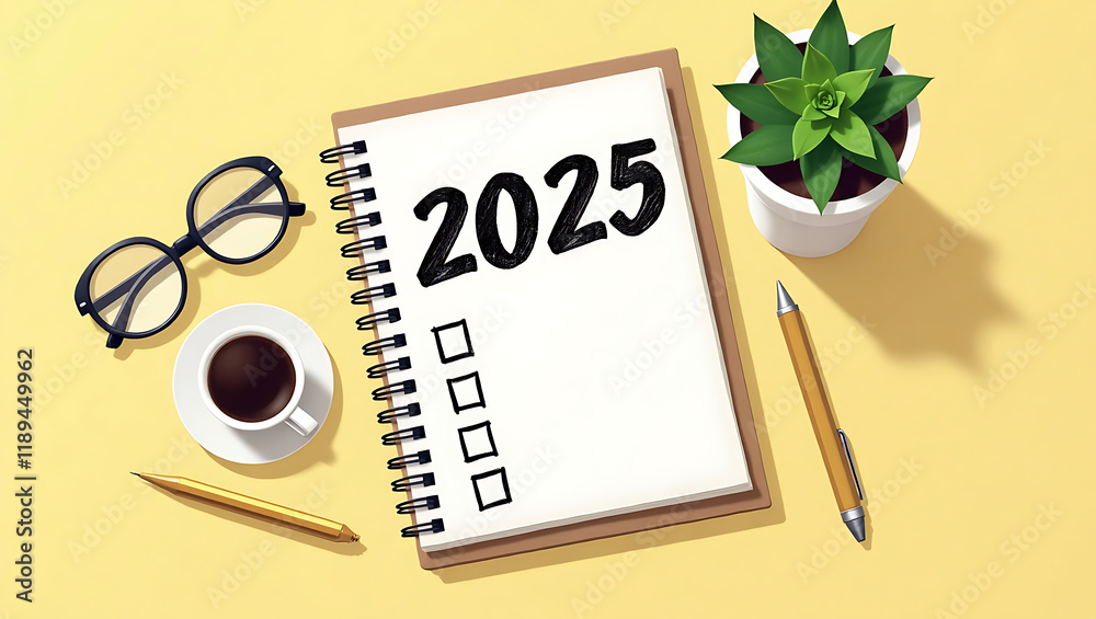 New year resolutions 2025 on desk. 2025 resolutions list with notebook ...