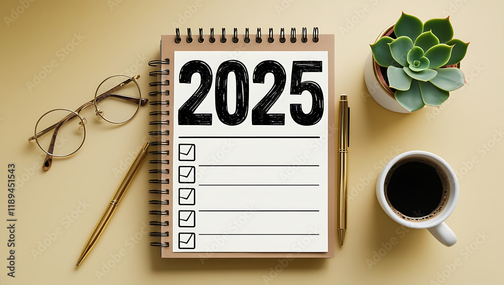 New year resolutions 2025 on desk. 2025 resolutions list with notebook ...