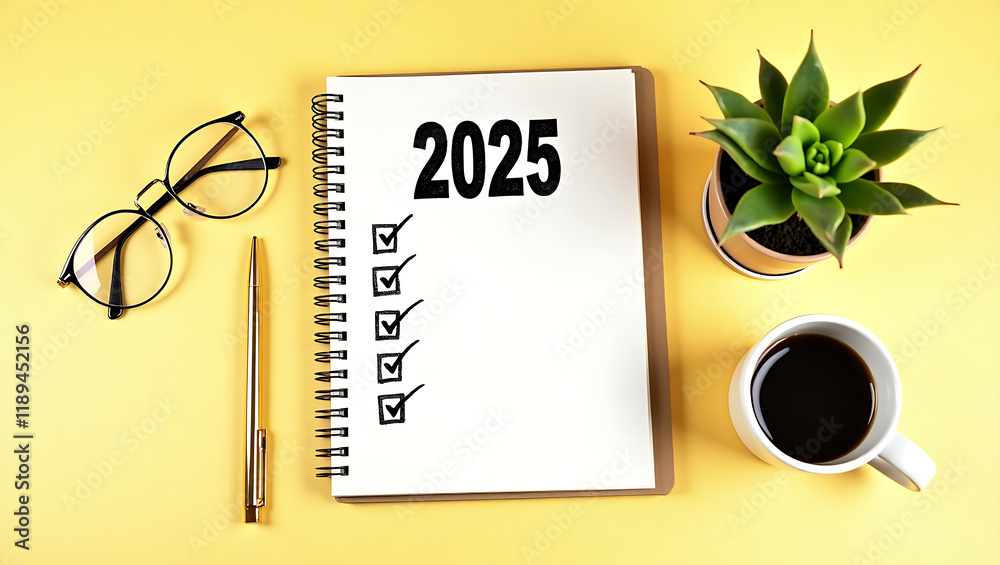 New year resolutions 2025 on desk. 2025 resolutions list with notebook ...