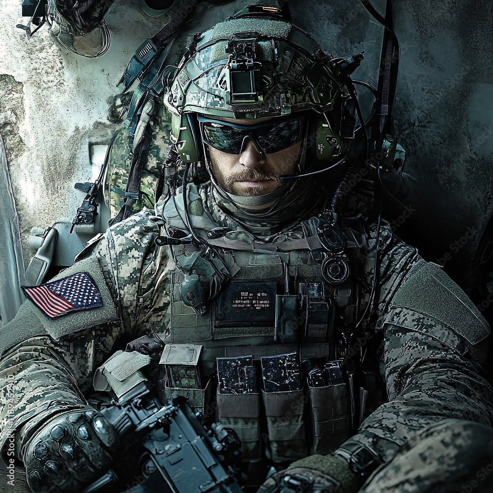 U.S. Army communication officer operating advanced technology in a ...