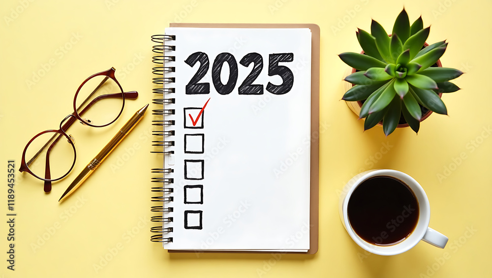 New year resolutions 2025 on desk. 2025 resolutions list with notebook ...