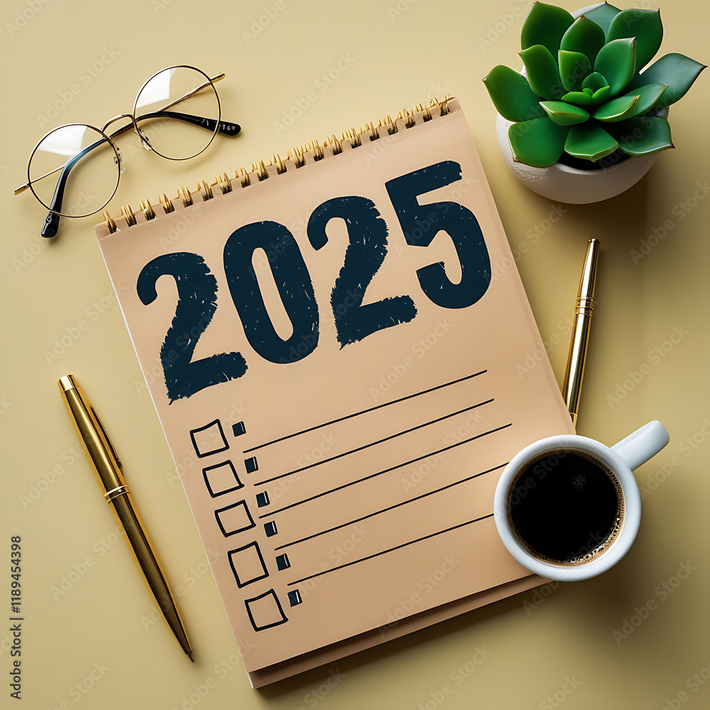 New year resolutions 2025 on desk. 2025 resolutions list with notebook ...
