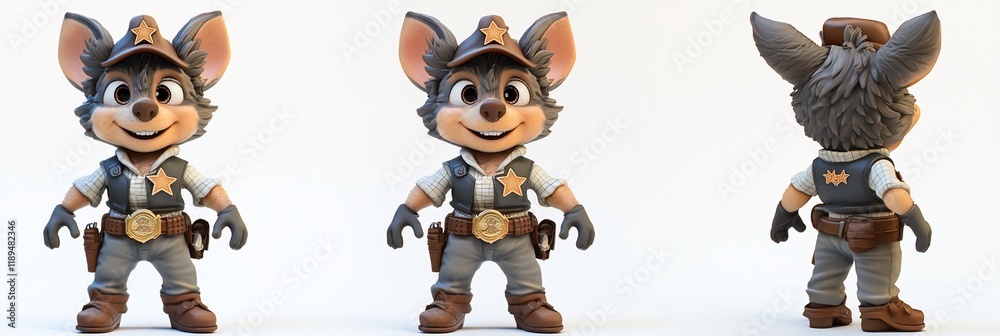 3D render of a cute cartoon sheriff character, a gray mouse-like ...