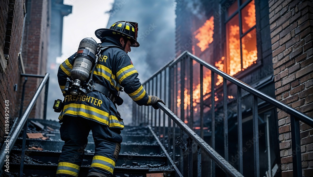 Bravery in the Face of Fire: A firefighter in full gear bravely ...