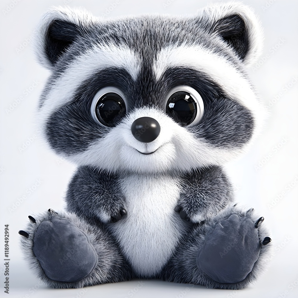 Cute cartoon raccoon, big expressive eyes, fluffy fur, chubby body ...