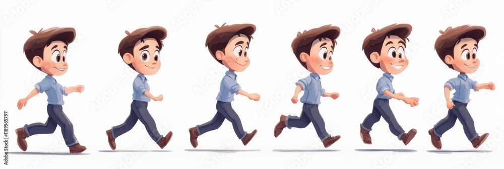 Adorable Boy Character Sprite Sheet Featuring Walk and Run Cycle Animations with Diverse Poses ...