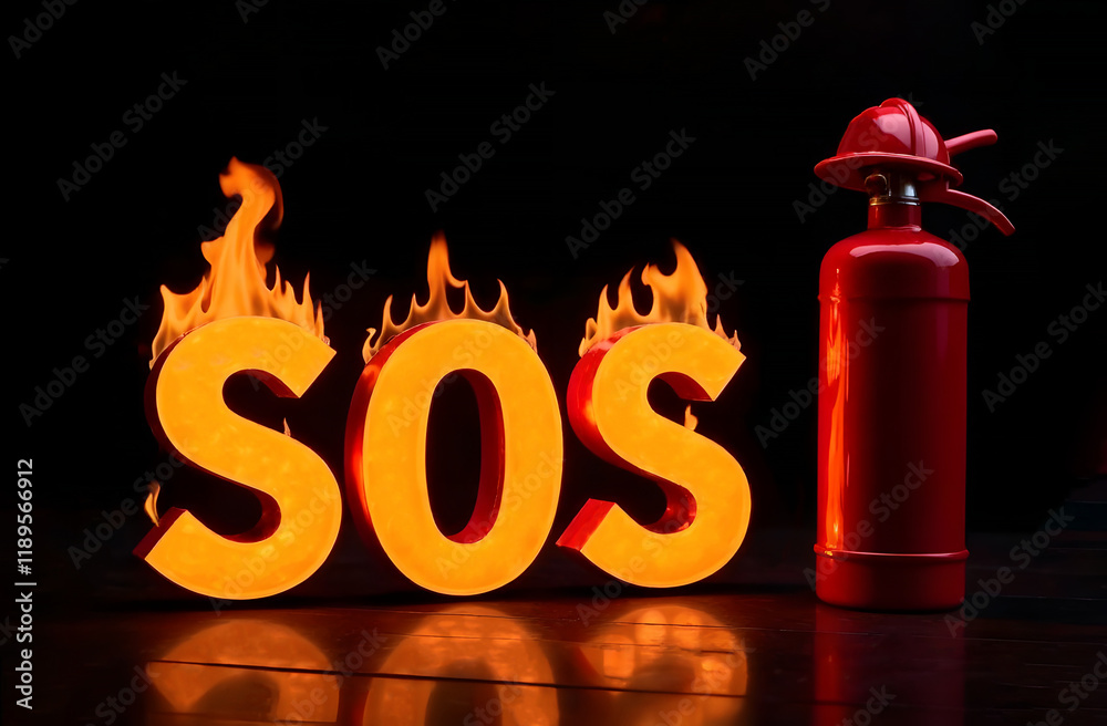 SOS fire letters next to a fire extinguisher on a black background ...