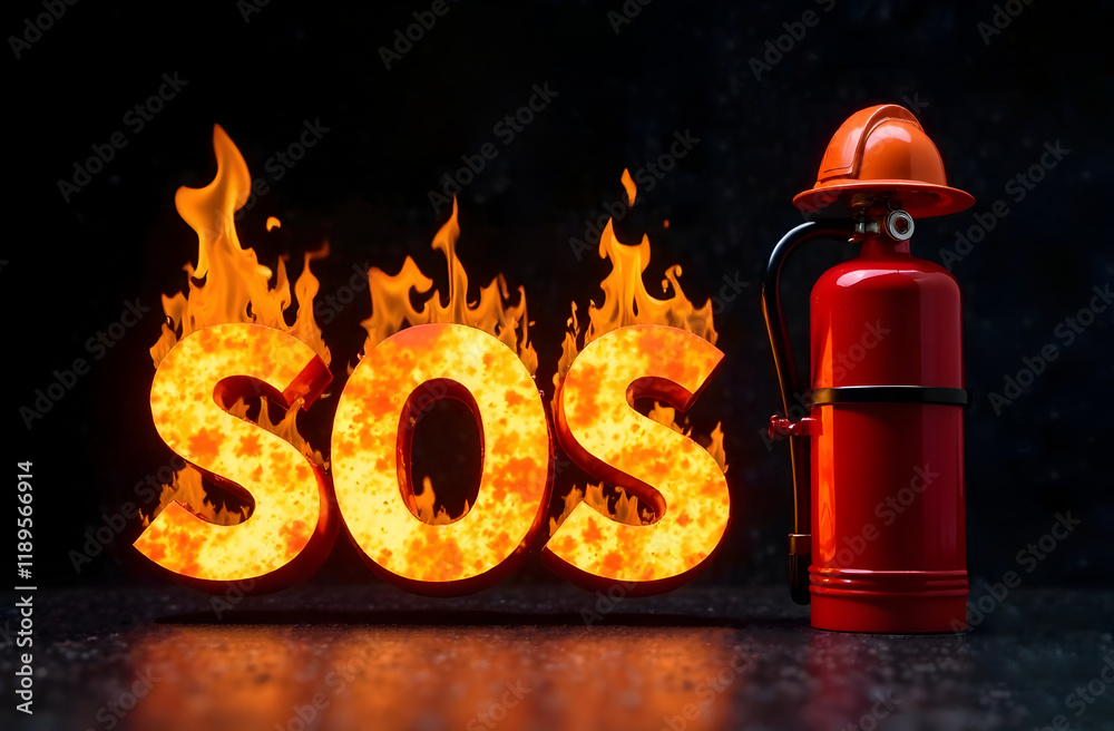 SOS fire letters next to a fire extinguisher on a black background ...