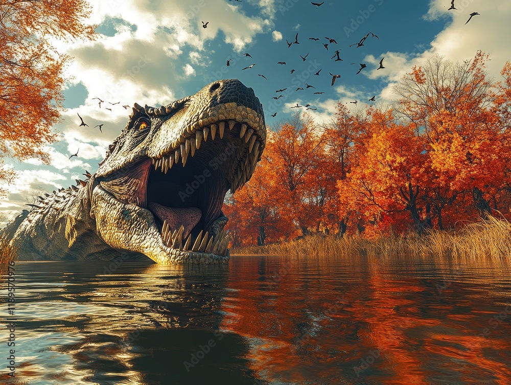 Tyrannosaurus Rex in autumn lake, birds flying, fantasy landscape ...
