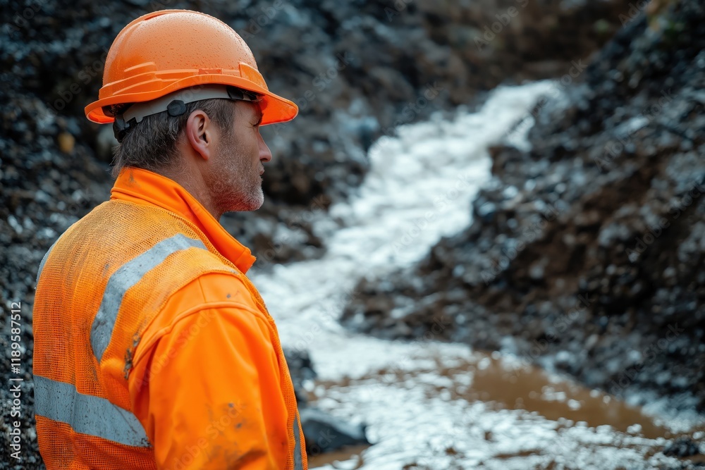 Construction worker in orange uniform observes water drainage at ...