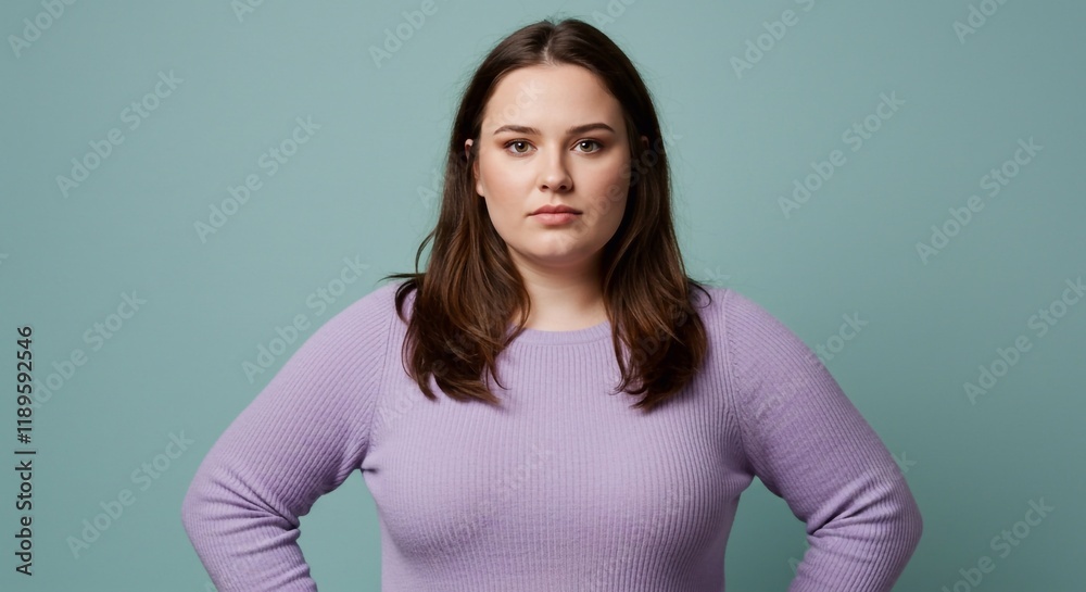 Serious overweight hispanic woman with her hands on the hips looking ...