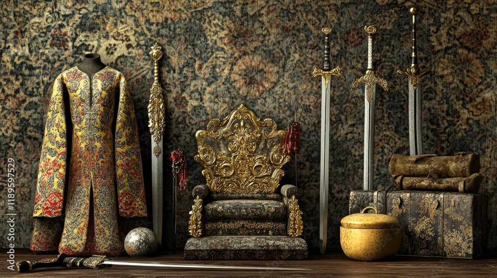 Royal Armory Display with Ornate Throne and Swords in Vintage Setting ...