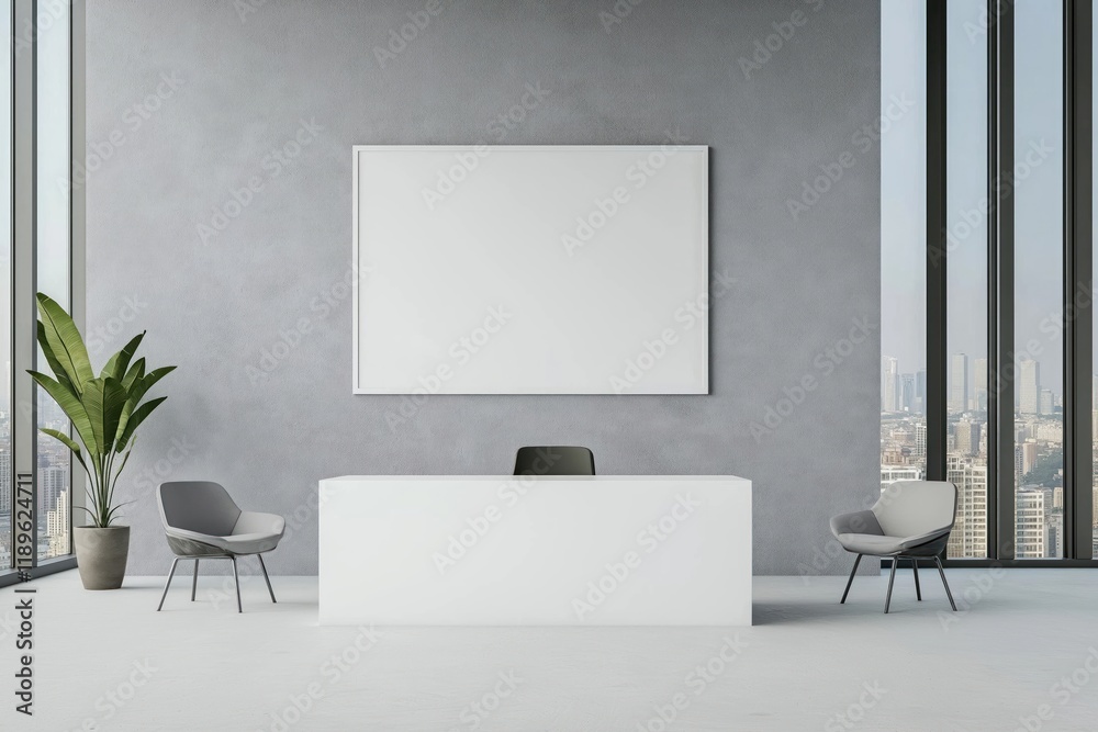 Modern office reception area with blank frame mockup. Empty space for ...