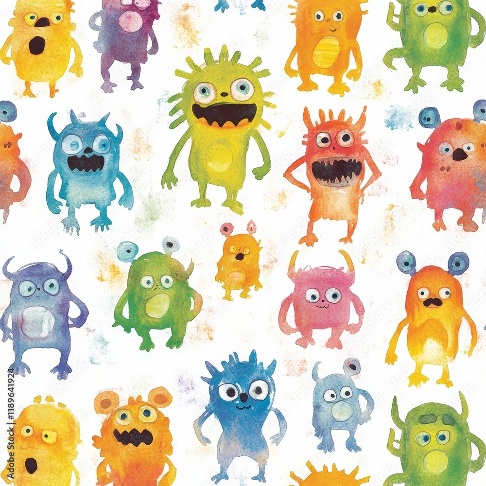 Watercolor seamless pattern featuring funny monster heads, perfect for ...