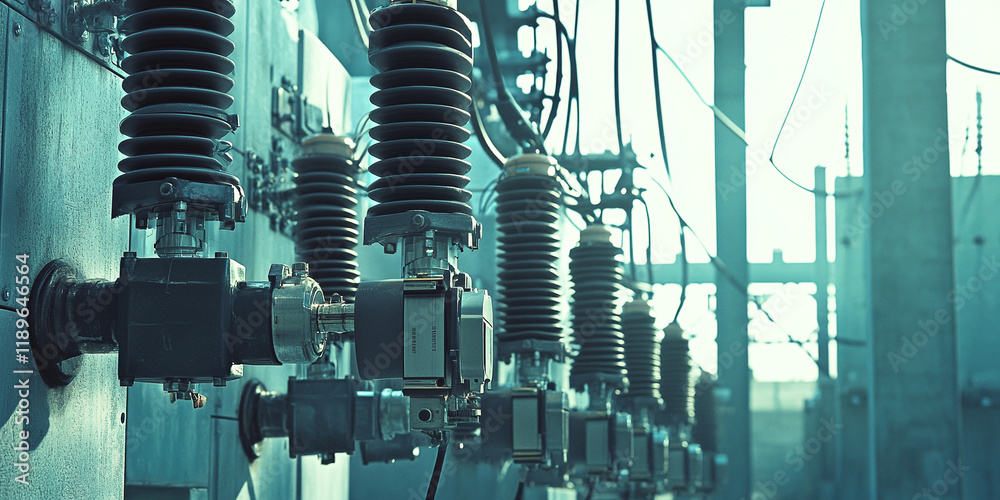 Close-up of high-voltage components and electrical insulators in a ...