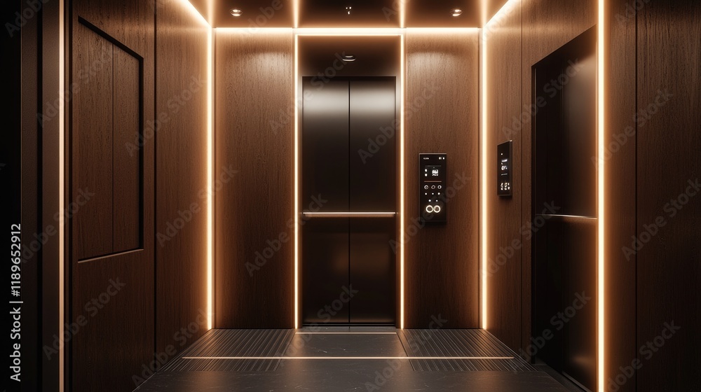 Modern elevator interior with dark wood paneling, ambient lighting, and ...
