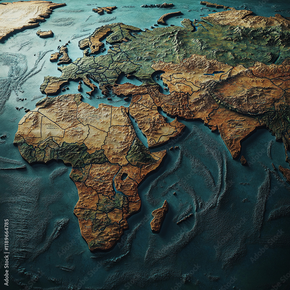 Detailed relief map of the world showing diverse terrains and ...