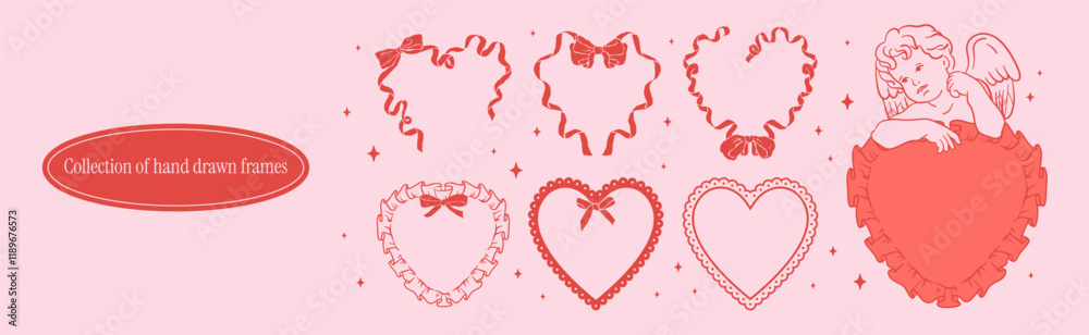 Red heart frames with bow and ribbons in vintage coquette girly style ...