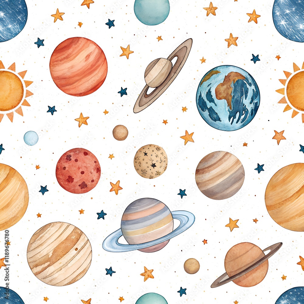 Watercolor seamless pattern cosmos with planets of the solar system ...