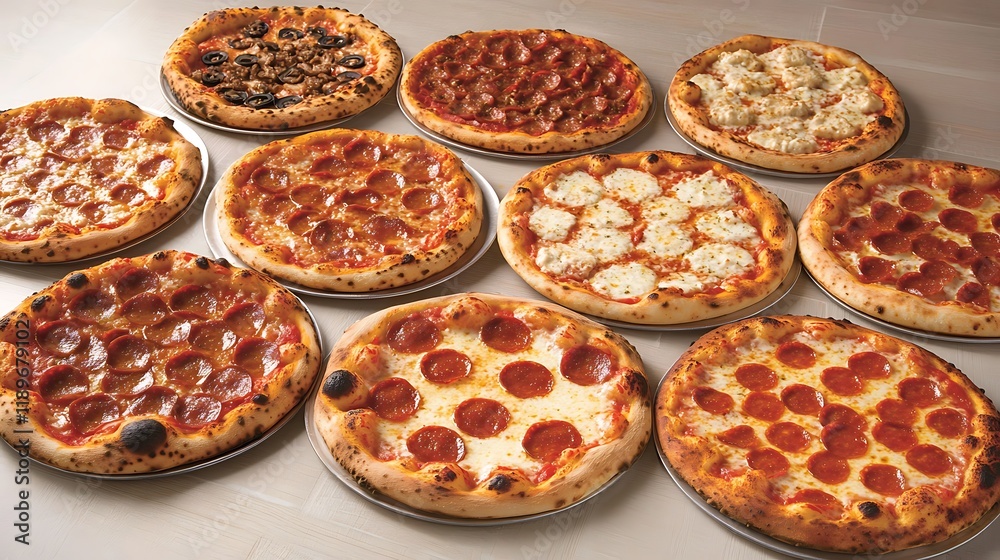Ten assorted pizzas with various toppings displayed on a light surface ...