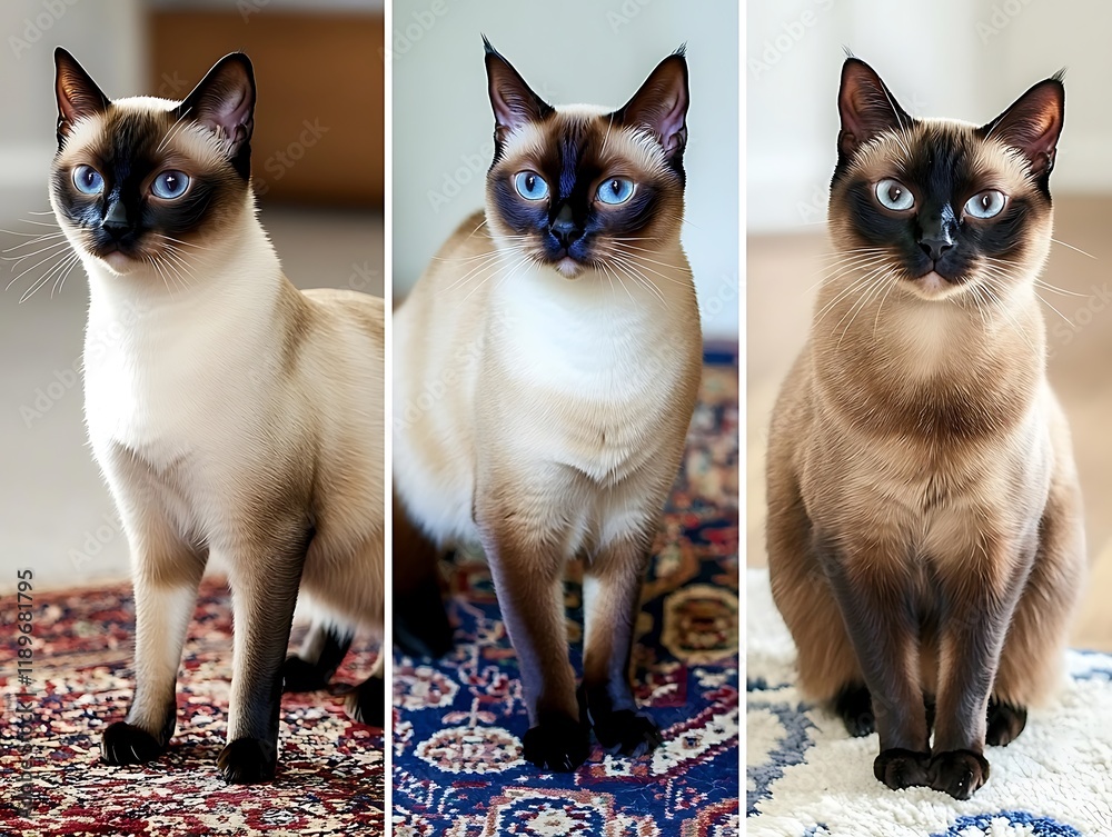 Triptych of a Siamese cat at different ages, showcasing coat color ...