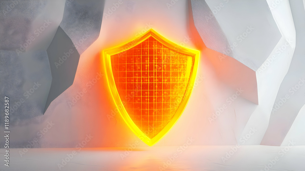 Firewall technology concept symbolized by a glowing orange shield with ...