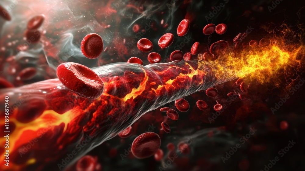 Burning Blood Vessel: Microscopic view of inflamed artery with flowing ...