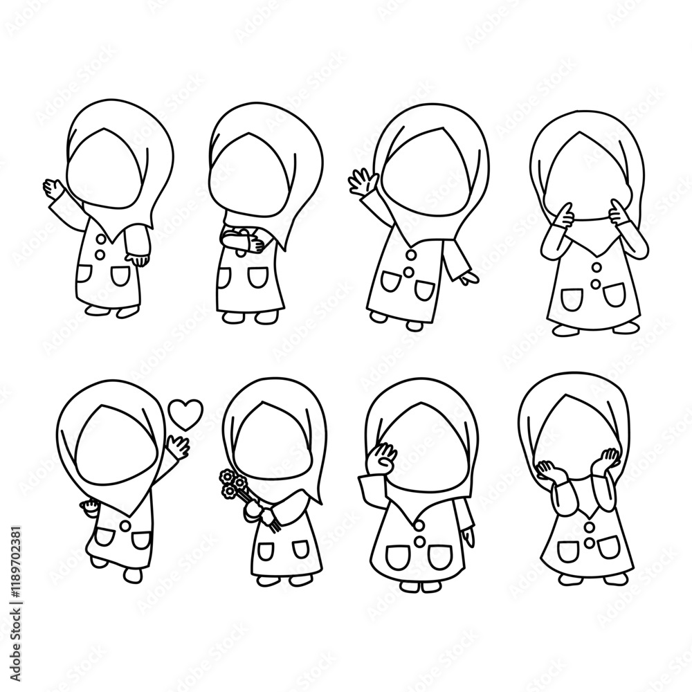 Cute Hijab Girl Line Art, Minimalist Illustration for Digital Prints ...