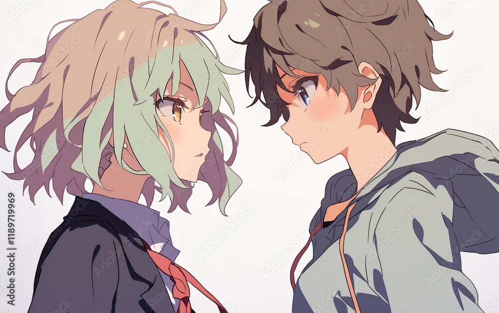 Two anime characters facing each other in profile. One with brown hair ...